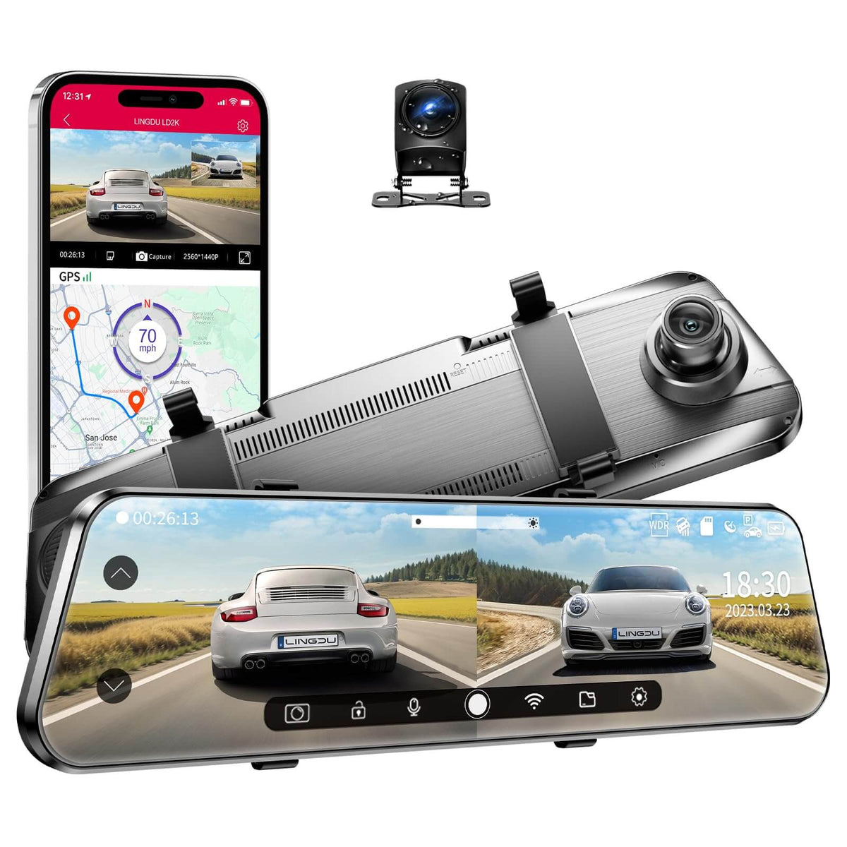 LINGDU LD2K 2CH Mirror Dash Cam 2.5K with 10" Touch Screen WDR Night V ...