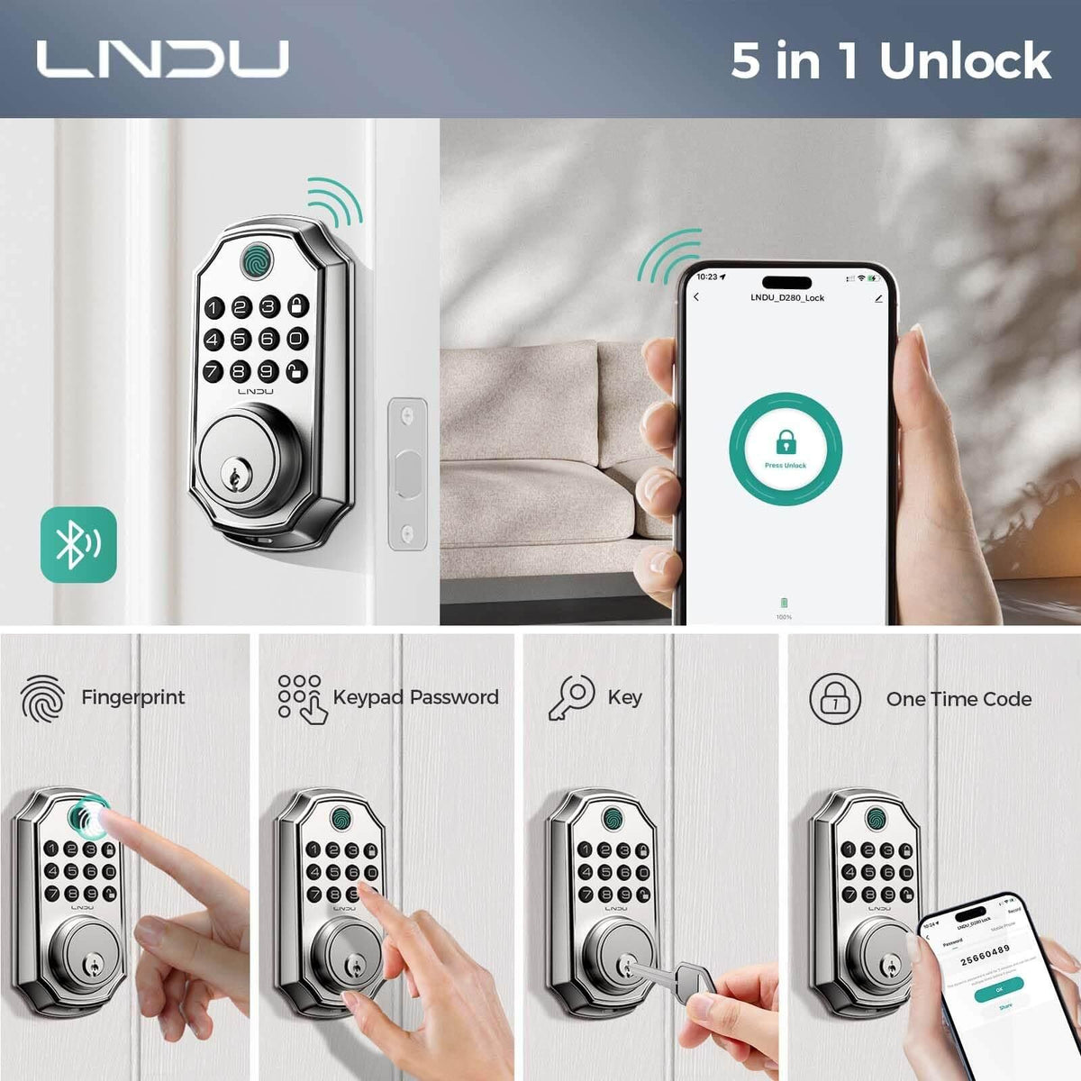 LNDU Smart Fingerprint Door Lock with App Control, 5 in 1 Keyless Entr ...